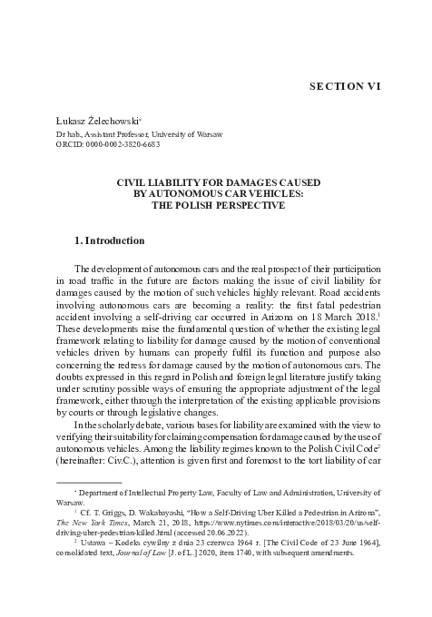 (PDF) Civil Liability for Damages Caused by Autonomous Car Vehicles: the Polish Perspective