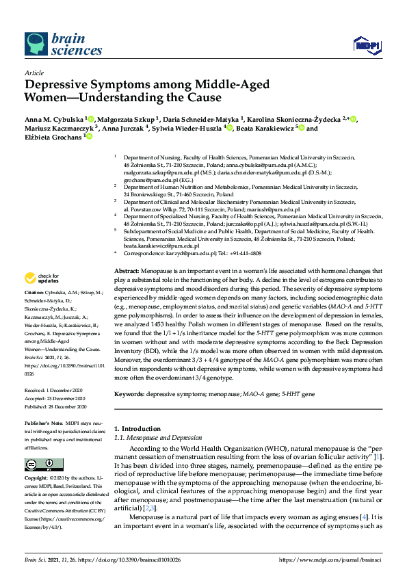 (PDF) Depressive Symptoms among Middle-Aged Women—Understanding the Cause