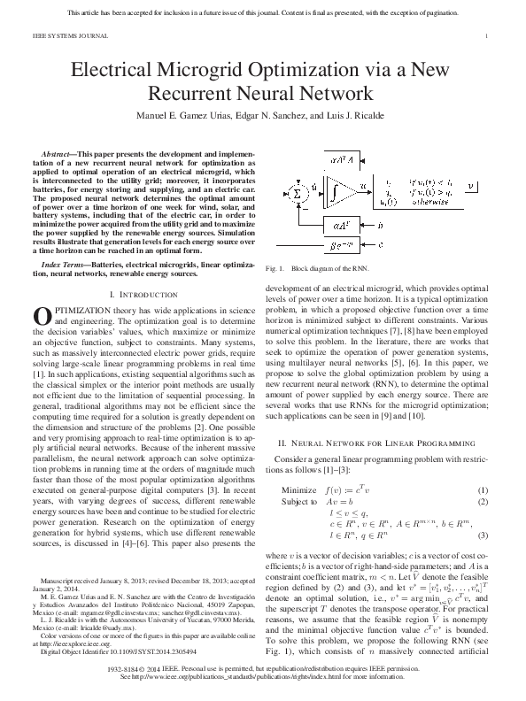 (PDF) Electrical Microgrid Optimization via a New Recurrent Neural Network