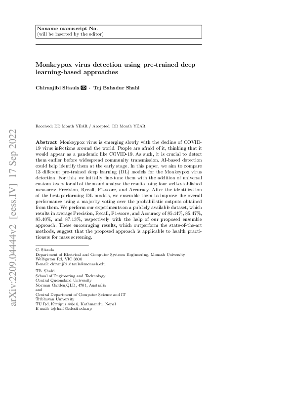 (PDF) Monkeypox virus detection using pre-trained deep learning-based approaches