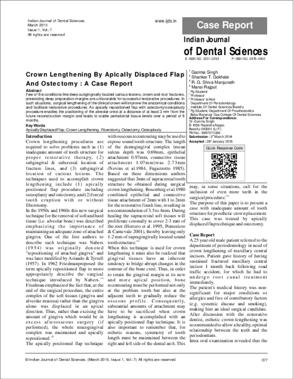 (PDF) Crown Lengthening By Apically Displaced Flap And Ostectomy : A ...