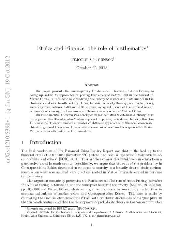 (PDF) Ethics and Finance: the role of mathematics