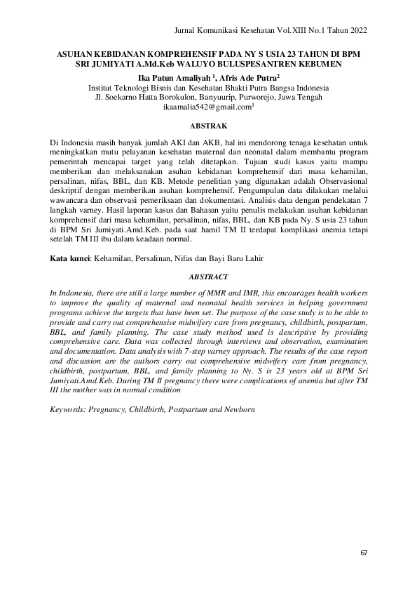 (PDF) ASUHAN KEBIDANAN KOMPREHENSIF PADA NY S USIA 23 TAHUN DI BPM SRI JUMIYATI A.Md.Keb WALUYO ...