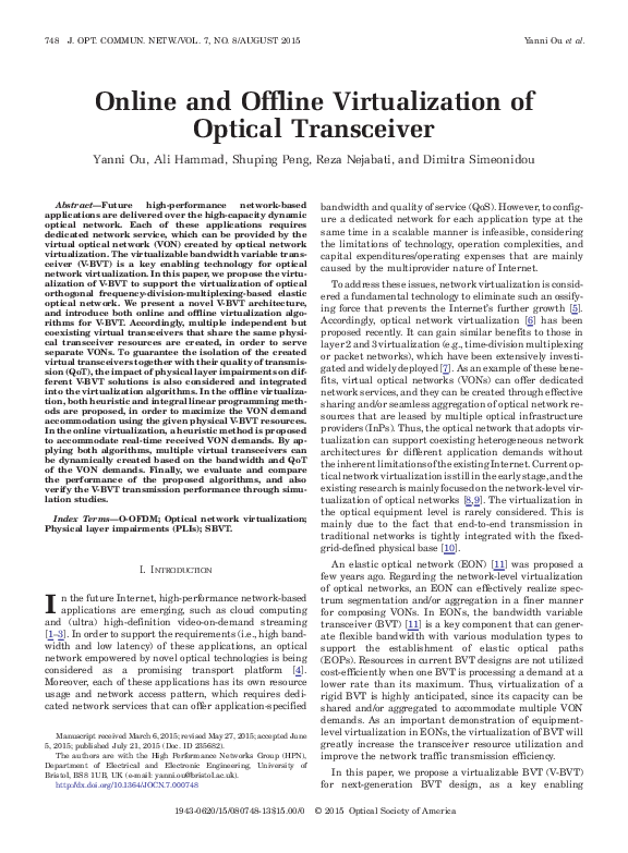(PDF) Online and Offline Virtualization of Optical Transceiver