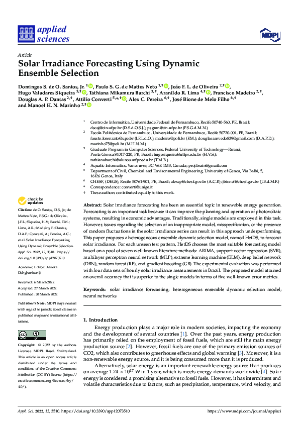 Pdf Solar Irradiance Forecasting Using Dynamic Ensemble Selection