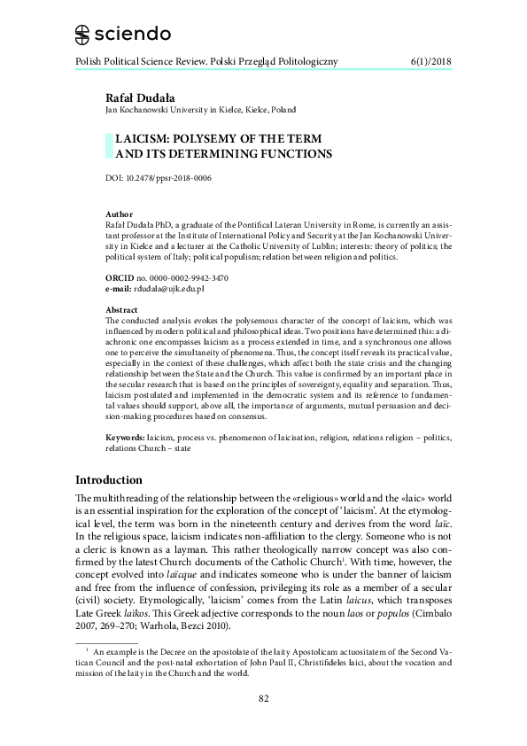 (PDF) Laicism: Polysemy of the Term and its Determining Functions