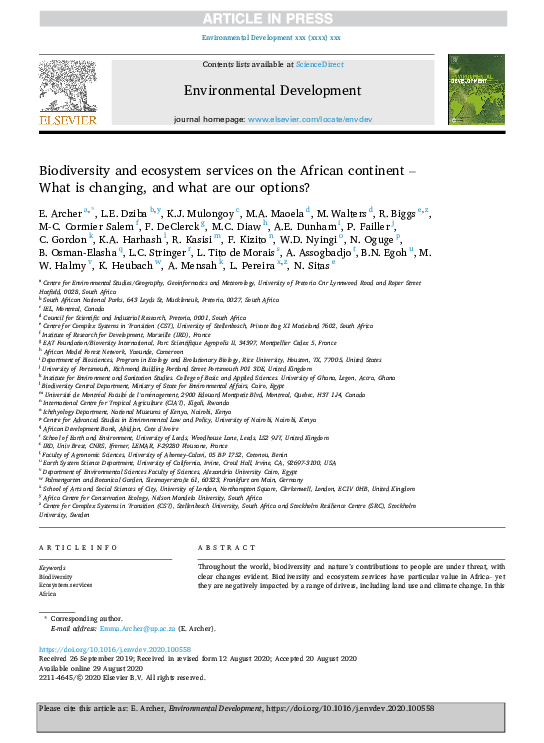 (PDF) Biodiversity and ecosystem services on the African continent ...