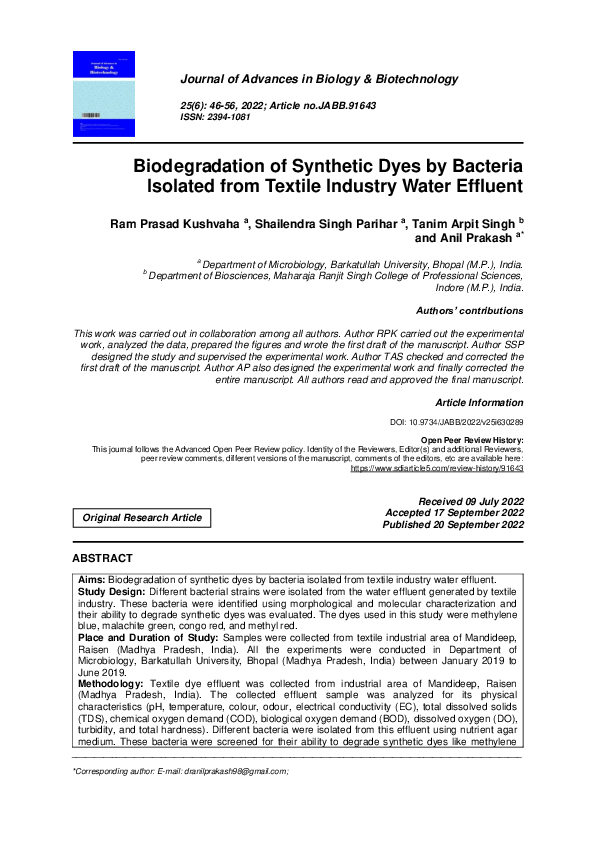 (PDF) Biodegradation of Synthetic Dyes by Bacteria Isolated from Textile Industry Water Effluent