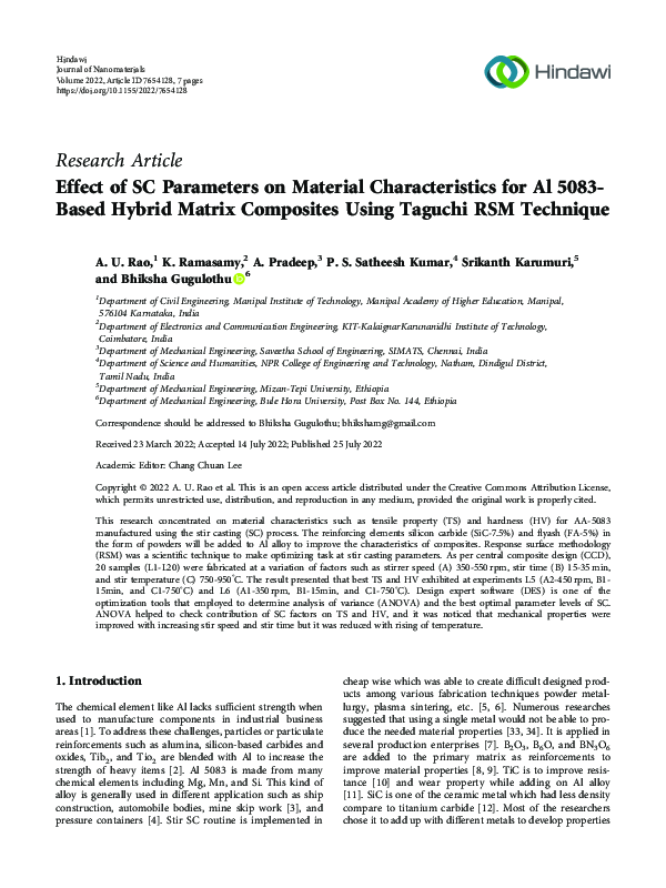 (PDF) Effect of SC Parameters on Material Characteristics for Al 5083 ...
