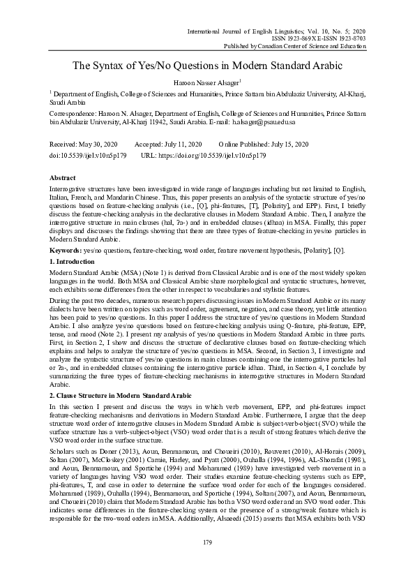 (PDF) The Syntax of Yes/No Questions in Modern Standard Arabic