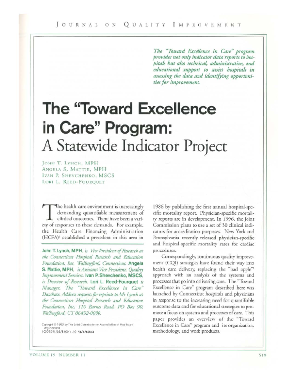 (PDF) The “Toward Excellence in Care” Program: A Statewide Indicator ...