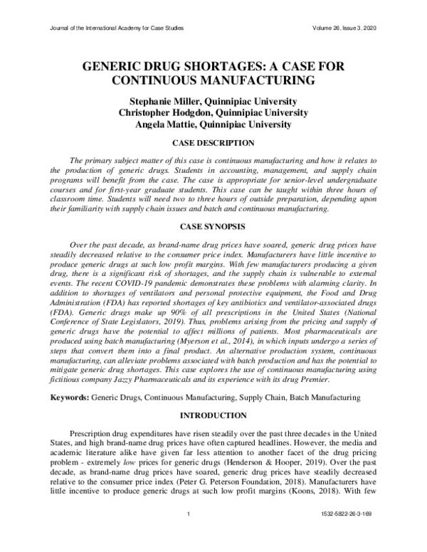 (PDF) Generic Drug Shortages: A Case for Continuous Manufacturing