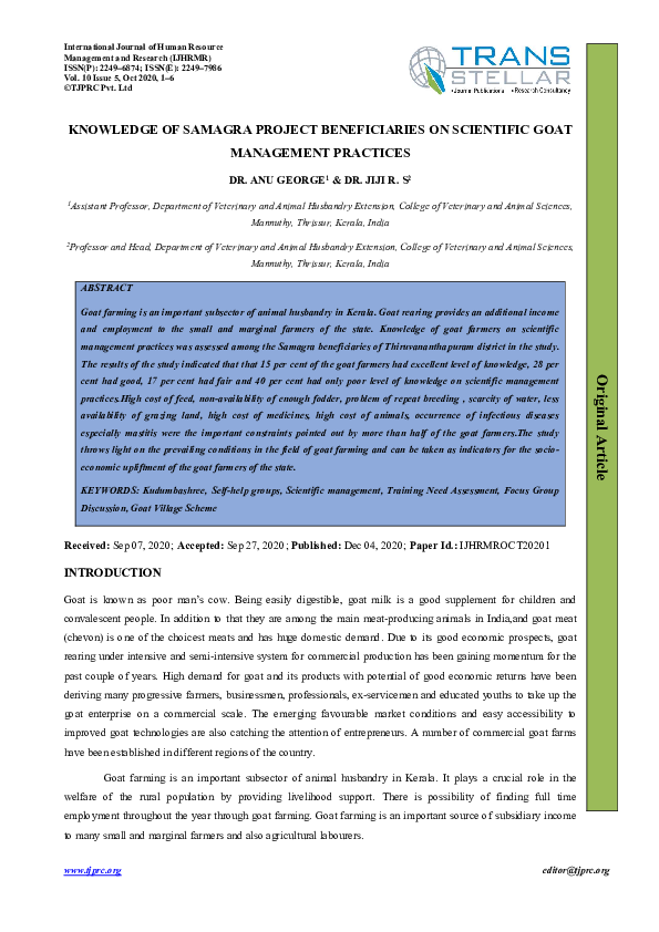 (PDF) Knowledge of Samagra Project Beneficiaries on Scientific Goat ...