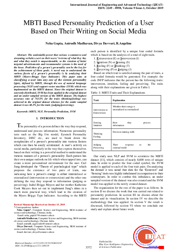 (PDF) MBTI Based Personality Prediction o f a User Based o n Their ...