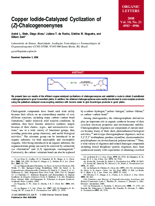 (PDF) Copper Iodide-Catalyzed Cyclization of (Z)-Chalcogenoenynes