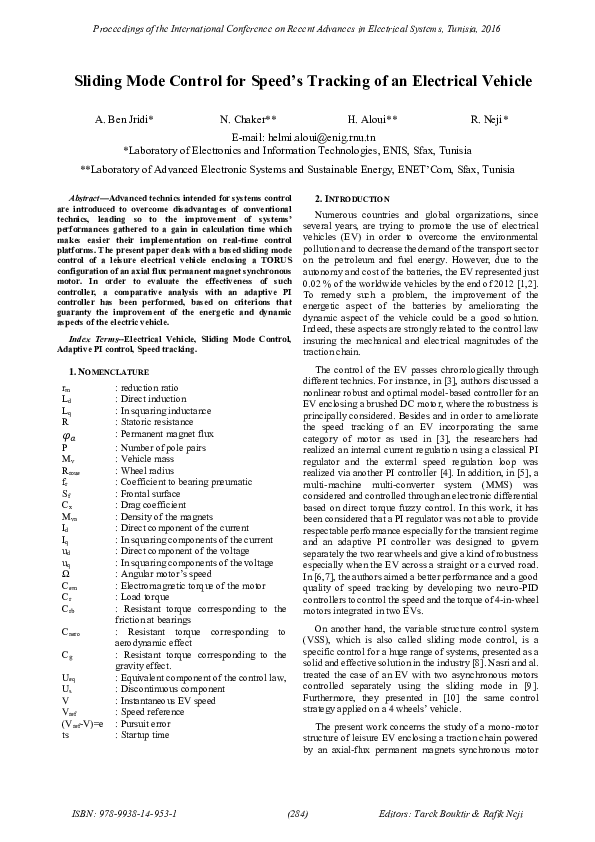 (PDF) Sliding Mode Control for Speed ’ s Tracking of an Electrical Vehicle | Helmi Aloui ...
