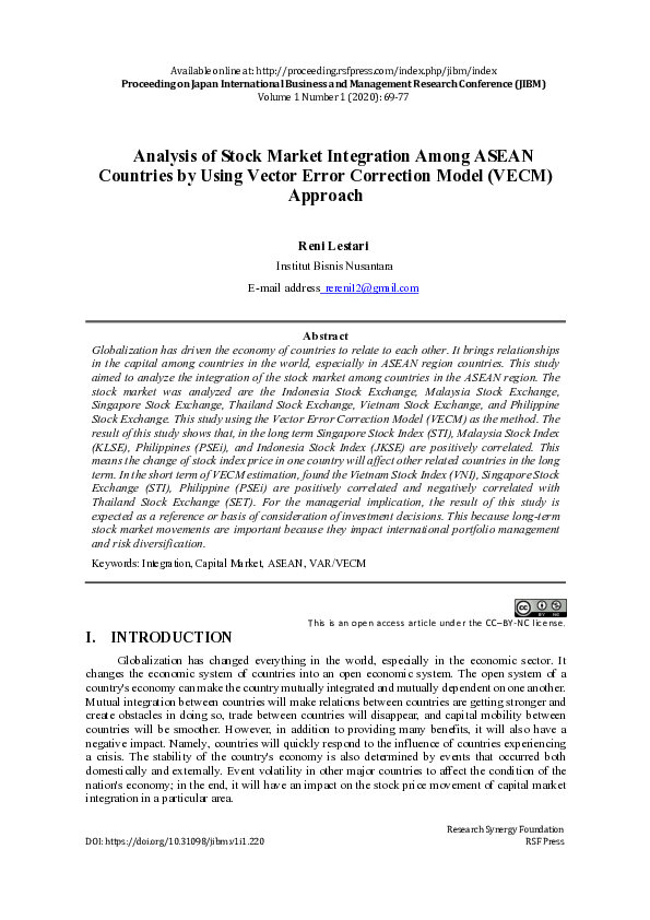 Pdf Analysis Of Stock Market Integration Among Asean Countries By Using Vector Error