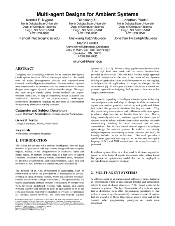 (PDF) Multi-agent Designs for Ambient Systems