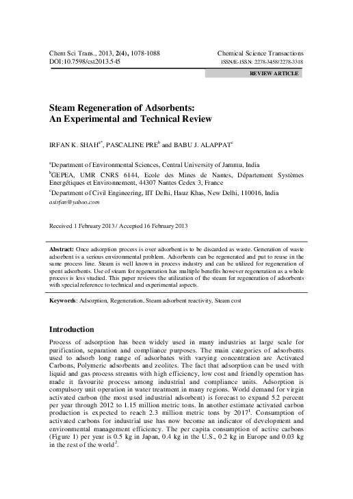 (PDF) Steam Regeneration of Adsorbents: An Experimental and Technical ...
