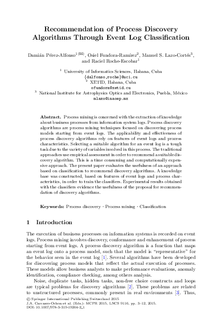 Pdf Recommendation Of Process Discovery Algorithms Through Event Log Classification