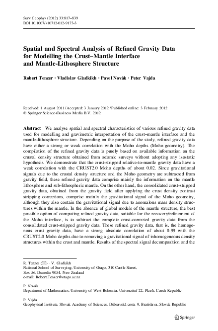 (PDF) Spatial and Spectral Analysis of Refined Gravity Data for Modelling the Crust–Mantle ...