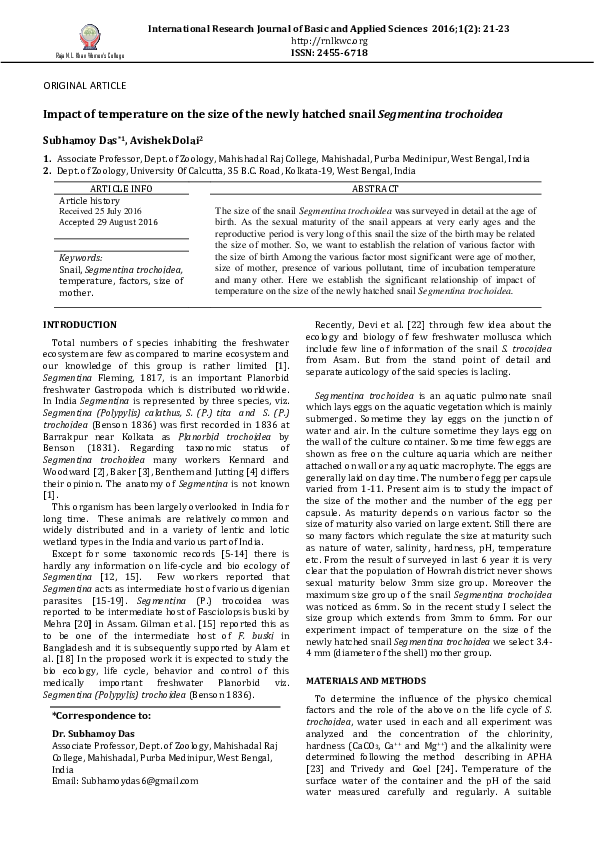 (PDF) Impact of temperature on the size of the newly hatched snail ...