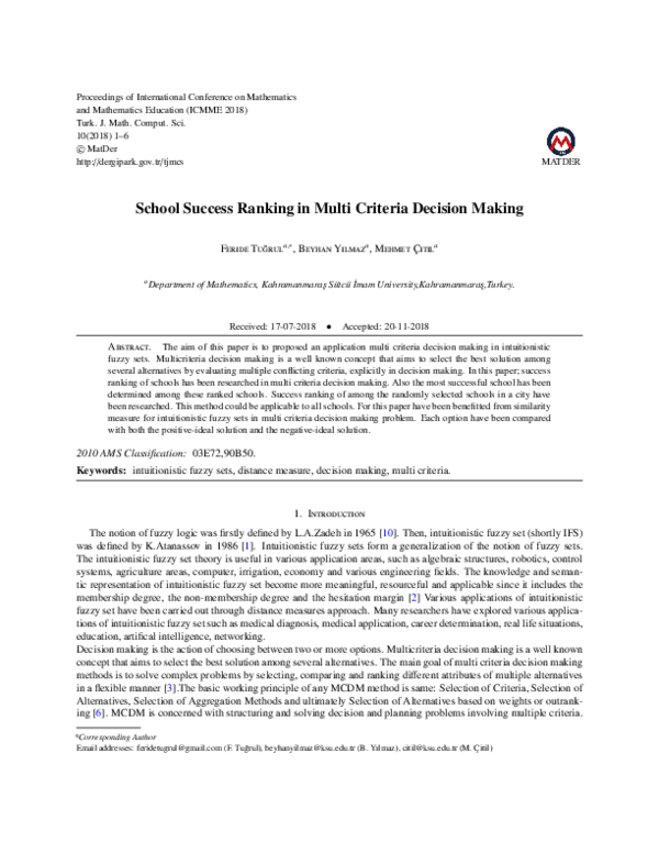 (PDF) School Success Ranking in Multi Criteria Decision Making | Beyhan ...