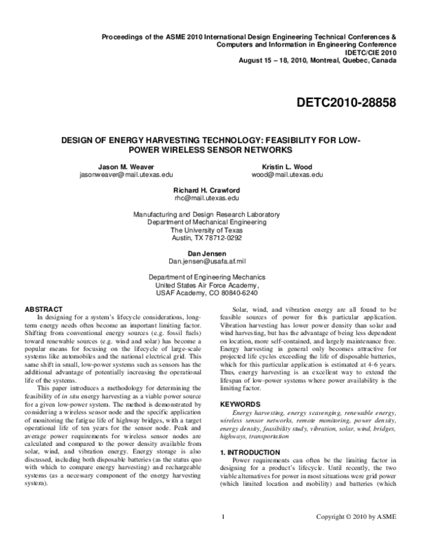 (PDF) Design of Energy Harvesting Technology: Feasibility for Low-Power Wireless Sensor Networks