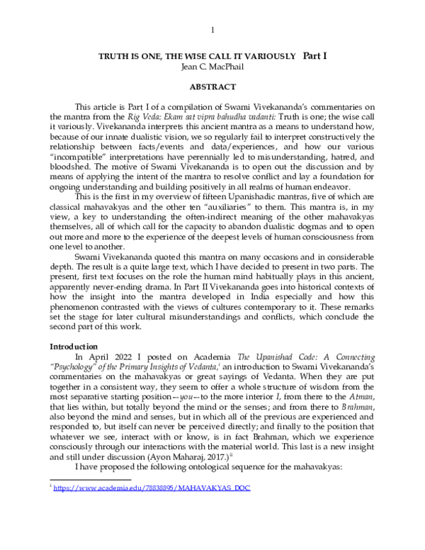 (DOC) TRUTH IS ONE, THE WISE CALL IT VARIOUSLY, PART I