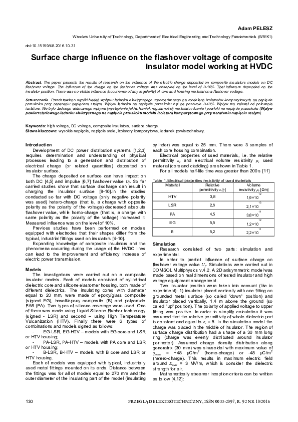 (PDF) Surface charge influence on the flashover voltage of composite insulator model working at HVDC