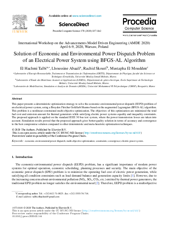 (PDF) Solution of Economic and Environmental Power Dispatch Problem of an Electrical Power ...