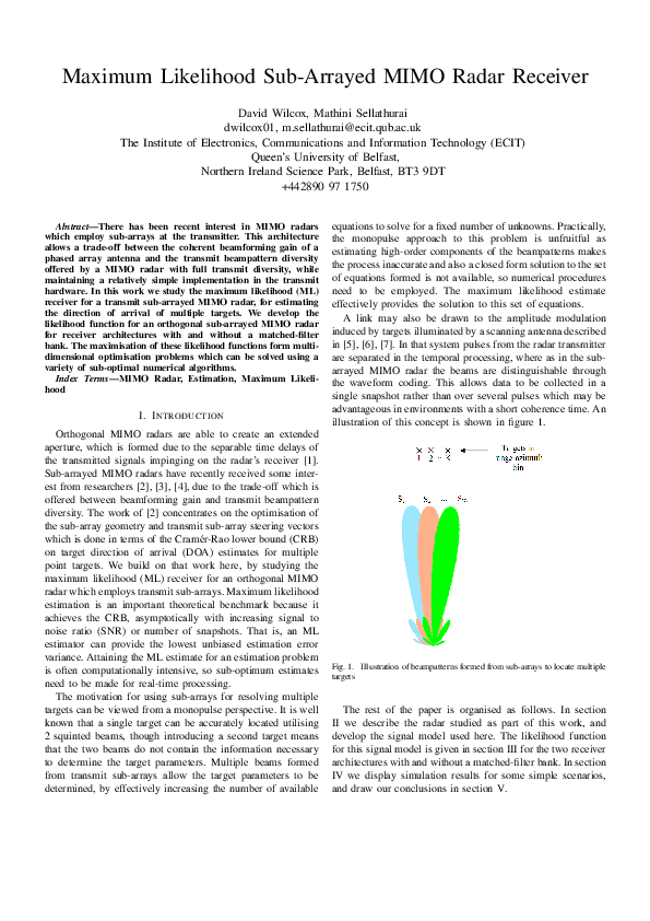 (PDF) Maximum likelihood sub-arrayed MIMO radar receiver | David Wilcox - Academia.edu