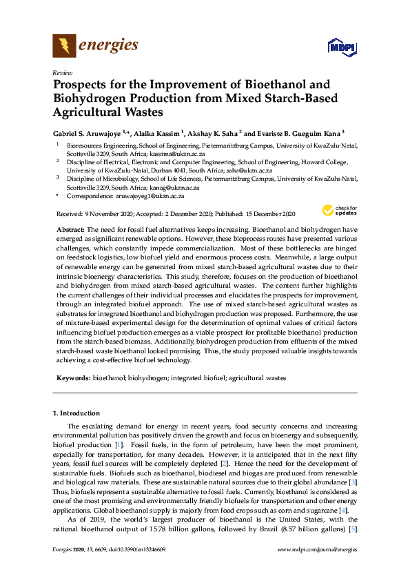 (PDF) Prospects for the Improvement of Bioethanol and Biohydrogen Production from Mixed Starch ...