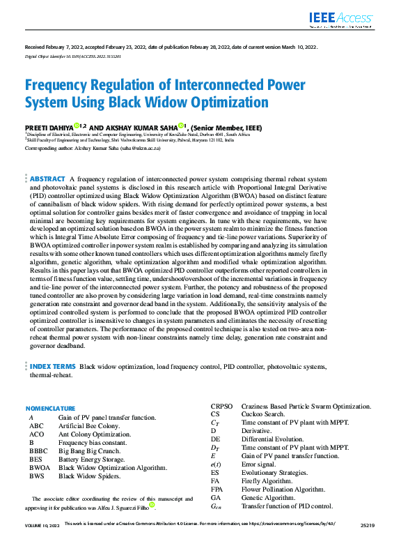 (PDF) Frequency Regulation of Interconnected Power System Using Black Widow Optimization