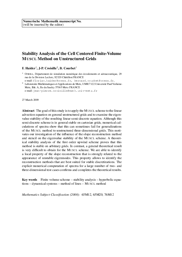(PDF) Stability analysis of the cell centered finite-volume Muscl method on unstructured grids