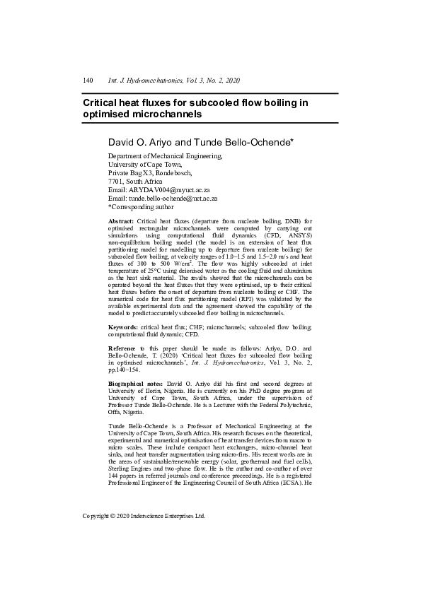 (PDF) Critical heat fluxes for subcooled flow boiling in optimised microchannels