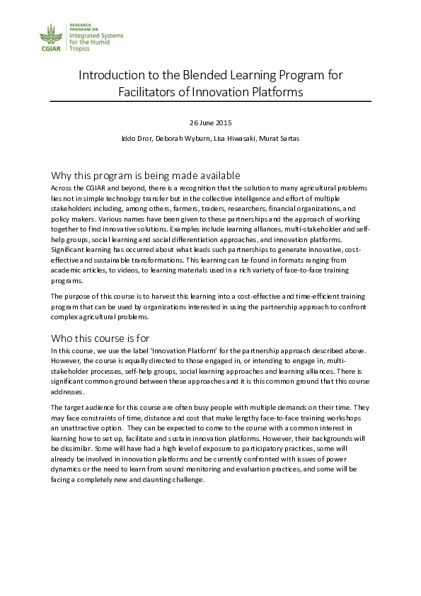 (PDF) Introduction to the blended learning program for facilitators of innovation platforms