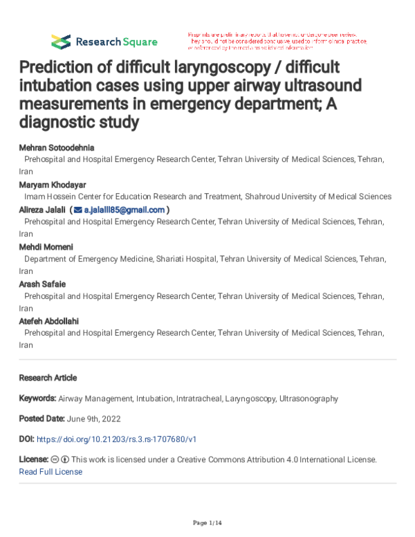 (PDF) Prediction of difficult laryngoscopy / difficult intubation cases ...