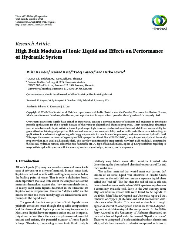 (PDF) High Bulk Modulus of Ionic Liquid for Hydraulic Systems