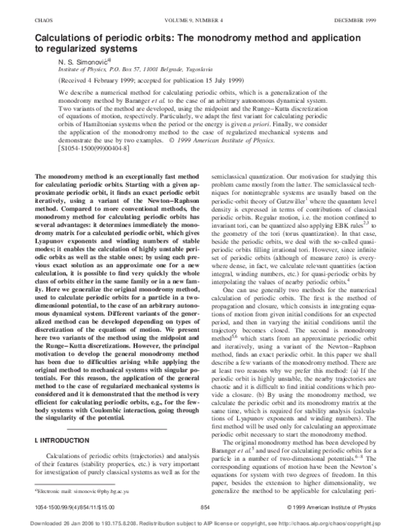 Pdf Calculations Of Periodic Orbits The Monodromy Method And Application To Regularized