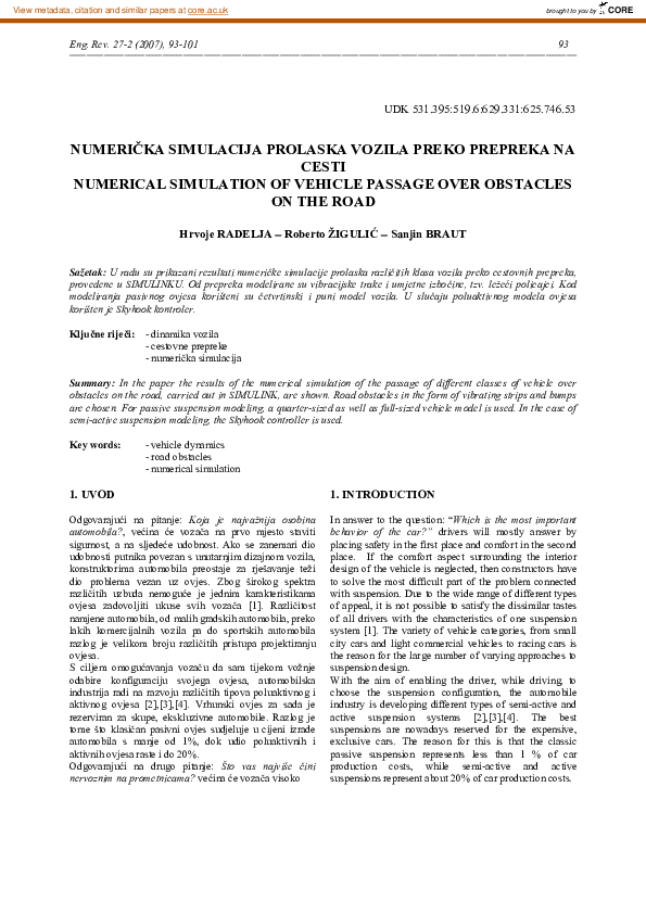 (PDF) Numerical Simulation of Vehicle Passage over Obstacles on the Road