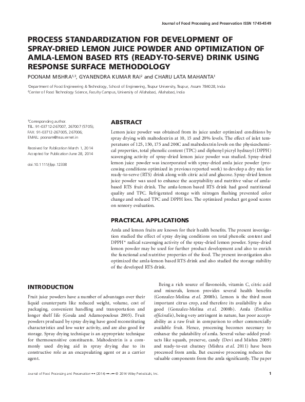 (PDF) Process Standardization for Development of Spray-Dried Lemon Juice Powder and Optimization ...
