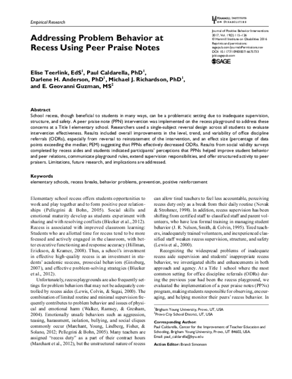 (PDF) Addressing Problem Behavior at Recess Using Peer Praise Notes