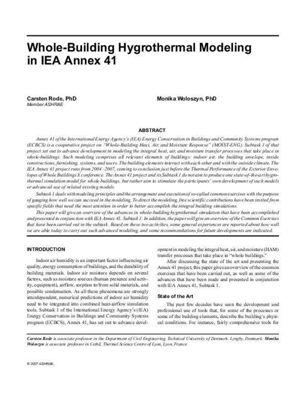 Pdf Whole Building Hygrothermal Modeling In Iea Annex 41
