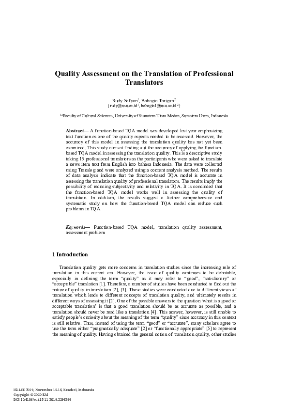 (PDF) Quality Assessment on the Translation of Professional Translators