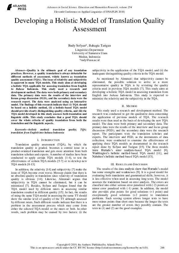 (PDF) Developing a Holistic Model of Translation Quality Assessment