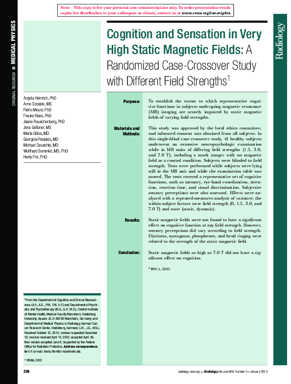 Pdf Cognition And Sensation In Very High Static Magnetic Fields A Randomized Case Crossover