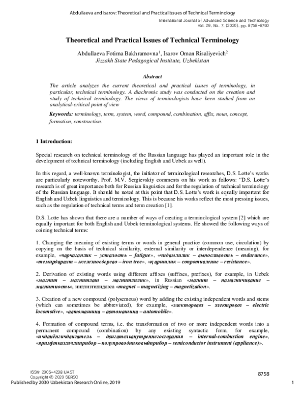 (PDF) Theoretical and Practical Issues of Technical Terminology
