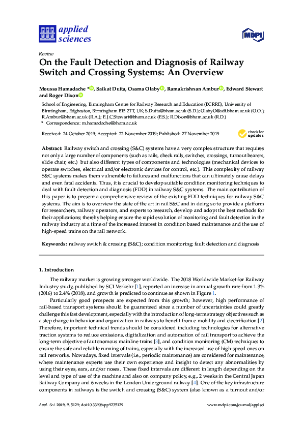 (PDF) On the Fault Detection and Diagnosis of Railway Switch and Crossing Systems: An Overview