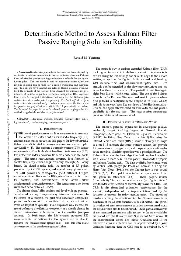 (PDF) Deterministic Method To Assess Kalman Filter Passive Ranging Solution Reliability